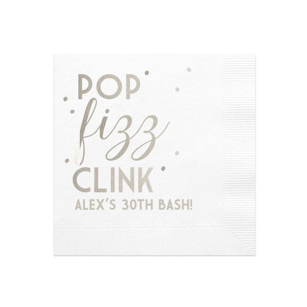 Pop Fizz Clink Personalized Cocktail Napkin, Silver Foil | Paperless ...